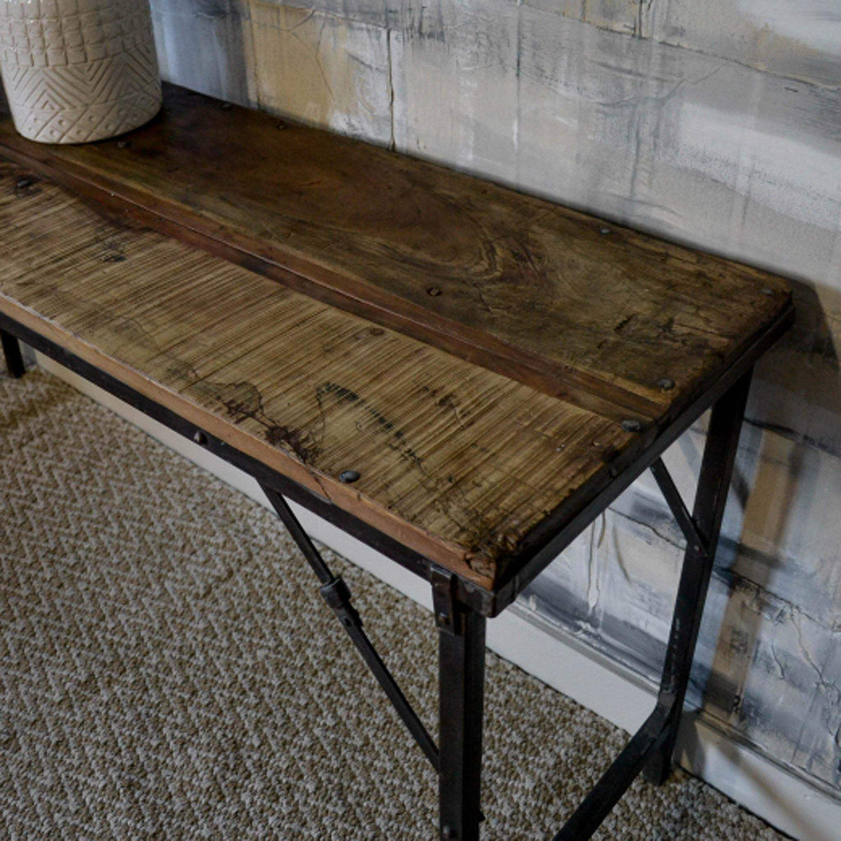 Rustic Wood and Iron Folding Console Table - - Liv's Solihull