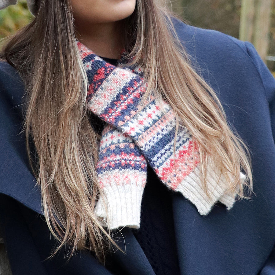 Scarf - Pull Through, Cream & Coral Fair Isle Knit - - Liv's Solihull