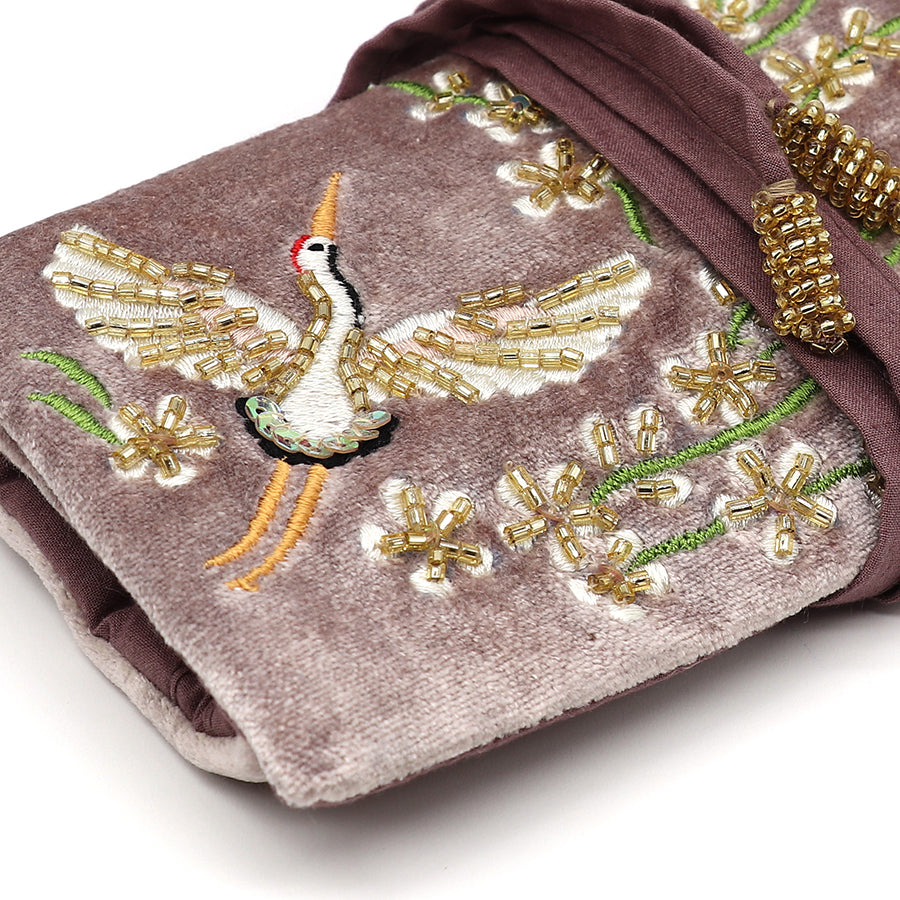 Velvet Jewellery Roll - Mink Applique Crane - - Liv's Solihull