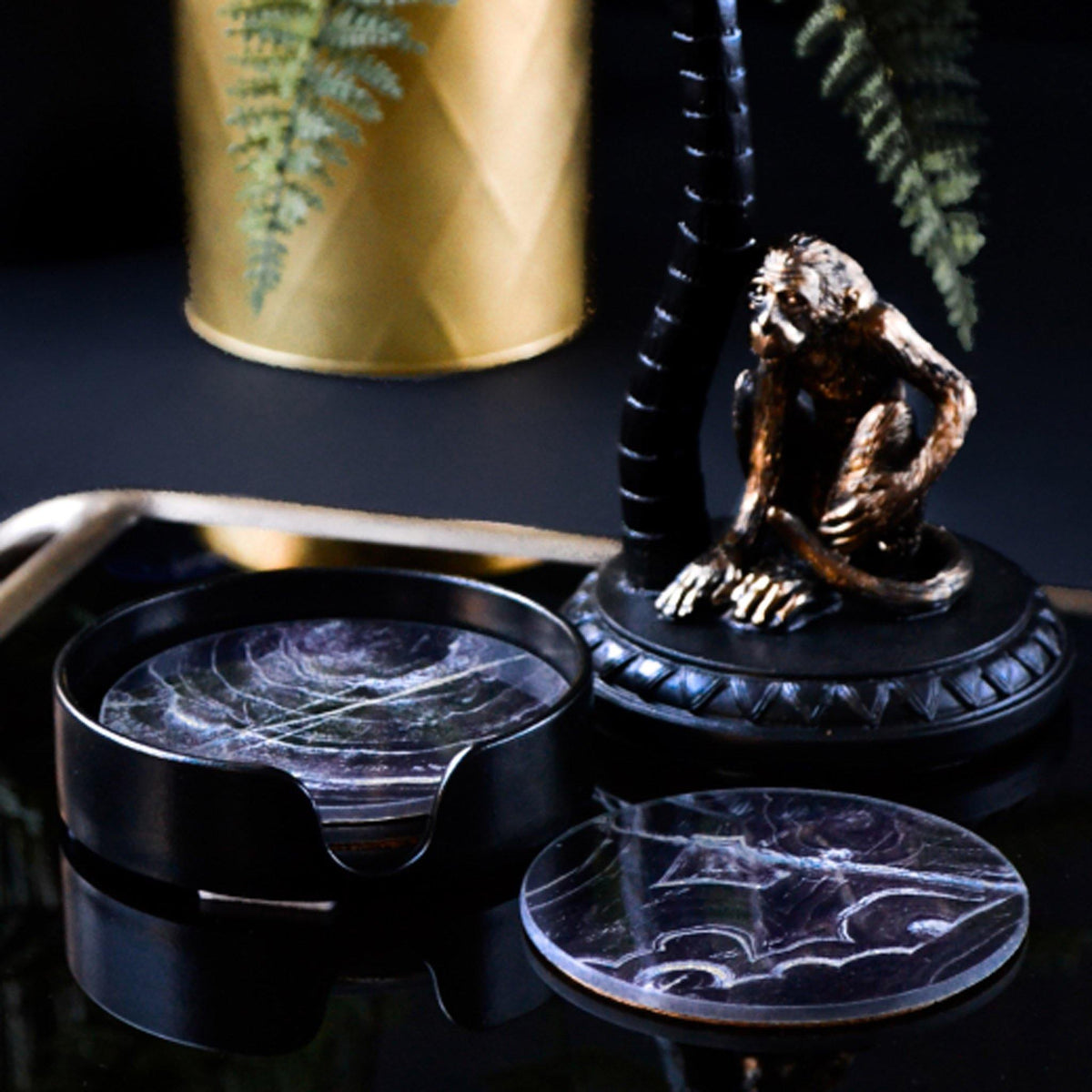 Set 4 - Black & Gold Marble Effect Glass Coasters - - Liv's Solihull