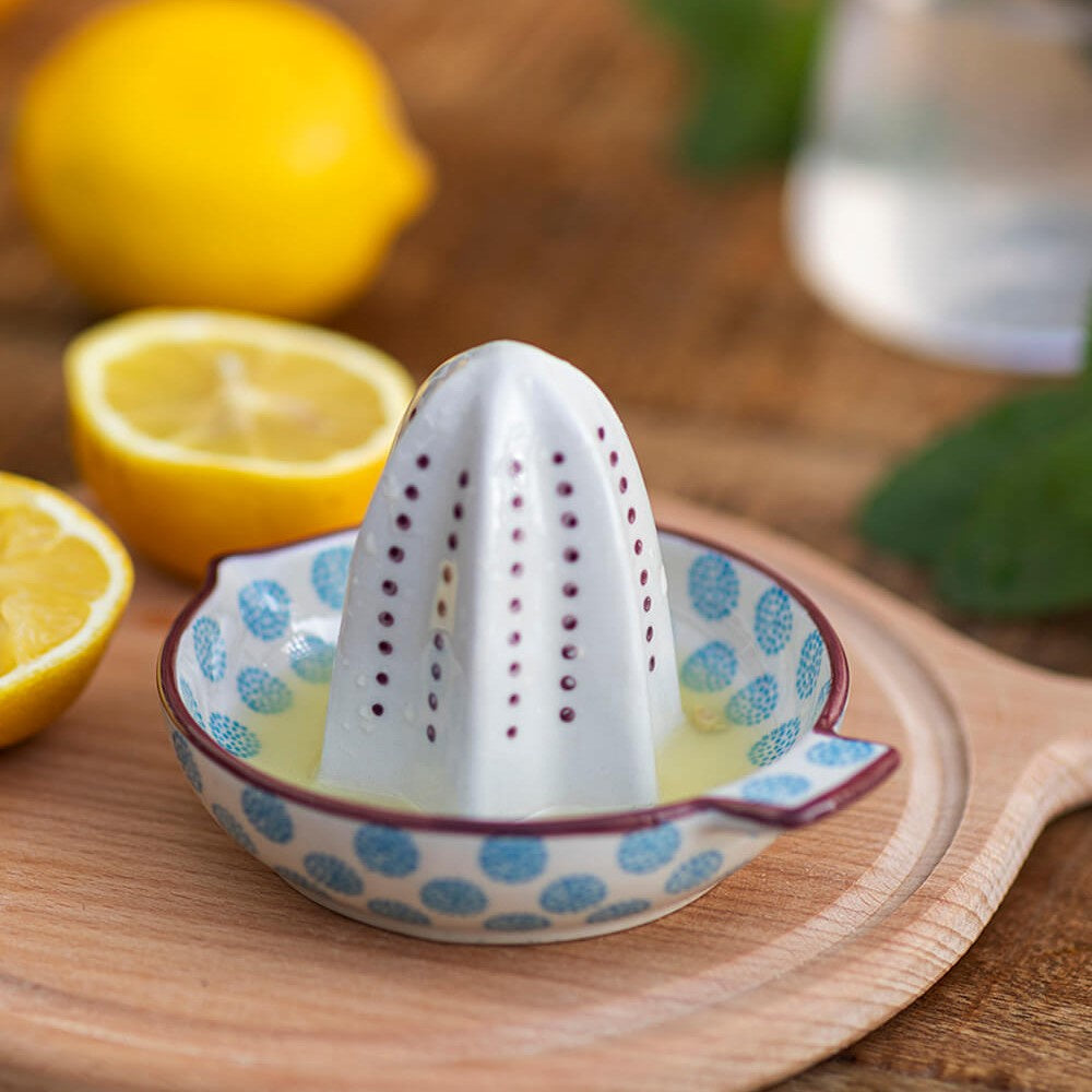 Ceramic Lemon Juicer - Hand Stamped, Blue pattern - - Liv's Solihull